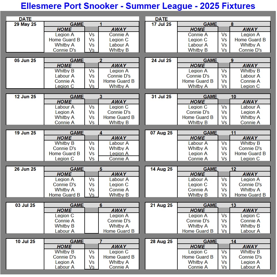 Summer 2025 Fixtures – Ellesmere Port Snooker
